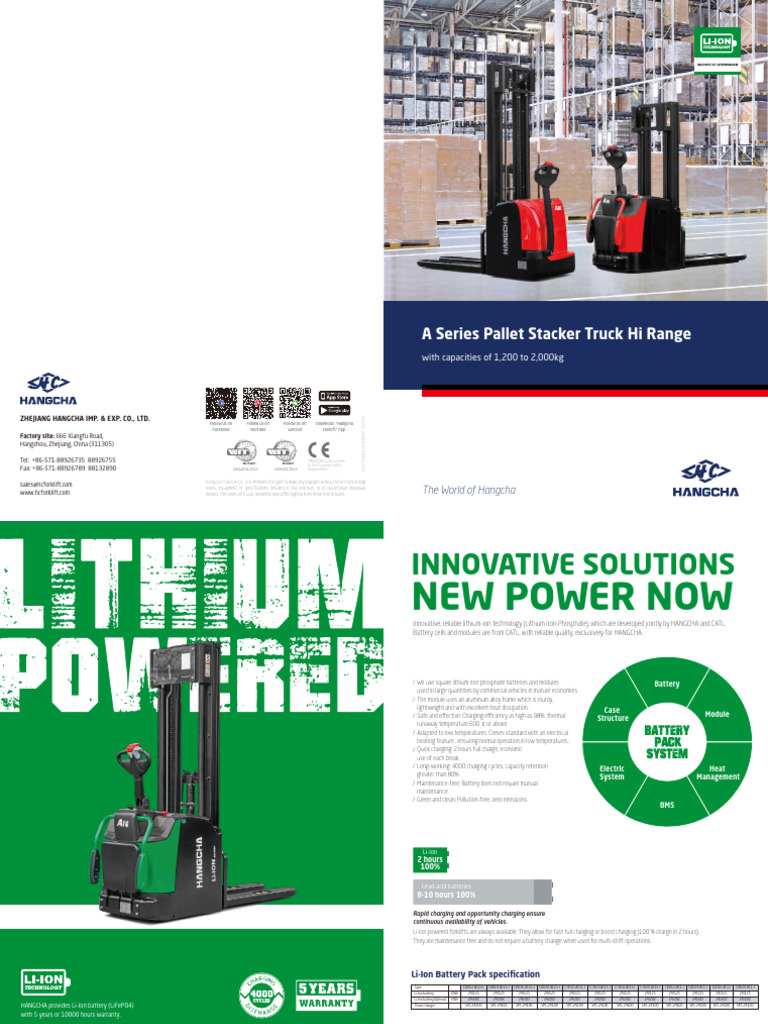 Hangcha A series Hi range pallet stacker | PDF | Forklift | Lithium Ion ...
