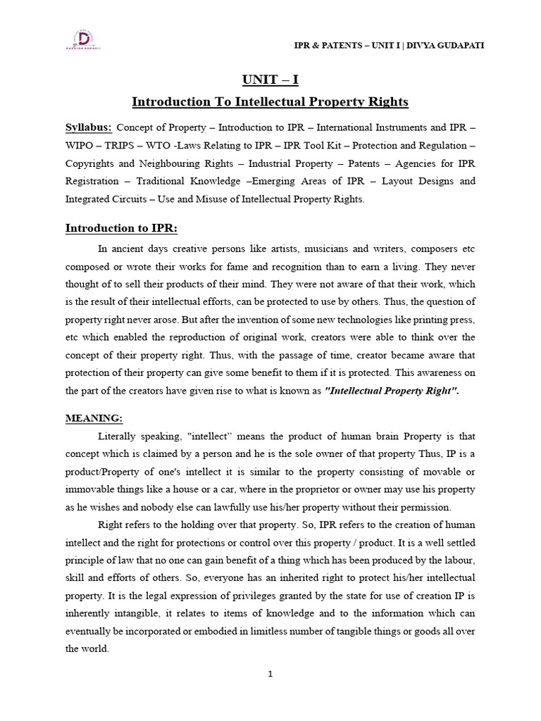 Ipr & Patents - Unit - I Notes | PDF | World Intellectual Property ...