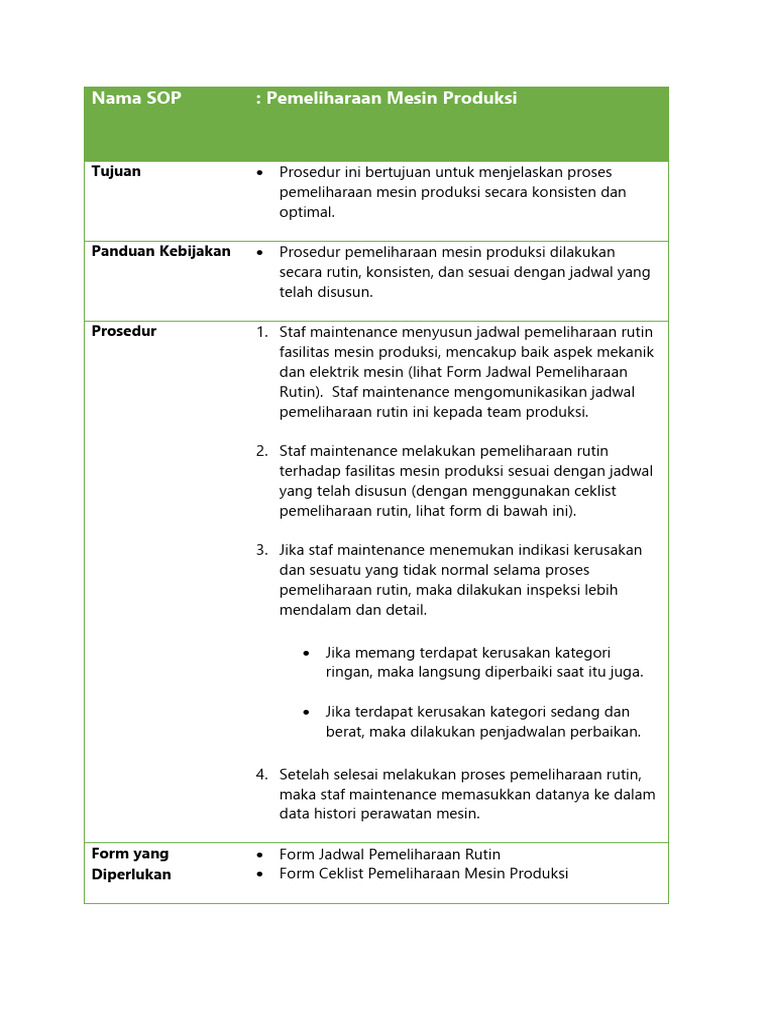 01 SOP Pemeliharaan Mesin Produksi | PDF