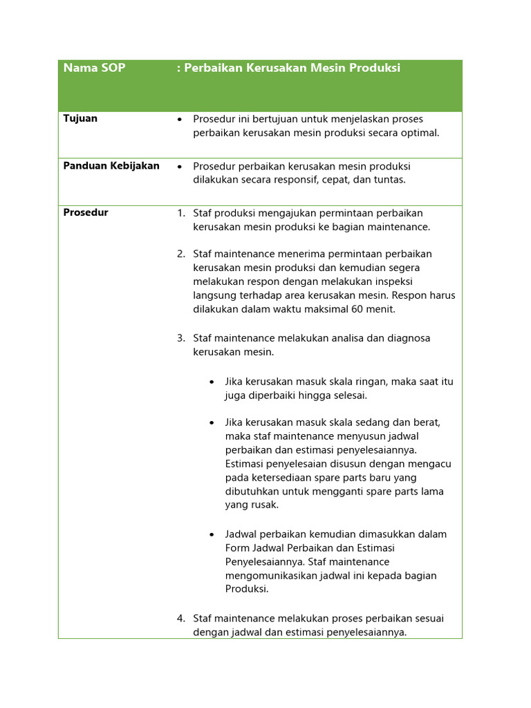Prosedur Perbaikan Mesin Produksi | PDF | Pengelolaan Keuangan & Uang ...