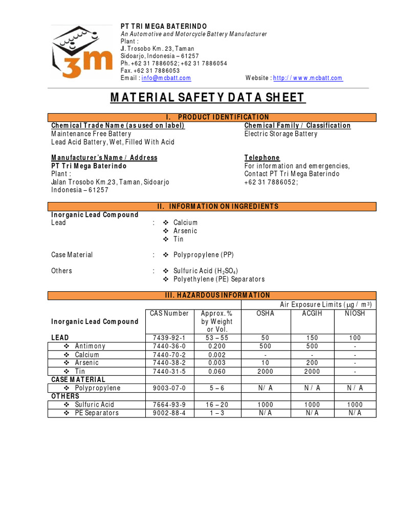 MSDS - MF Battery | PDF