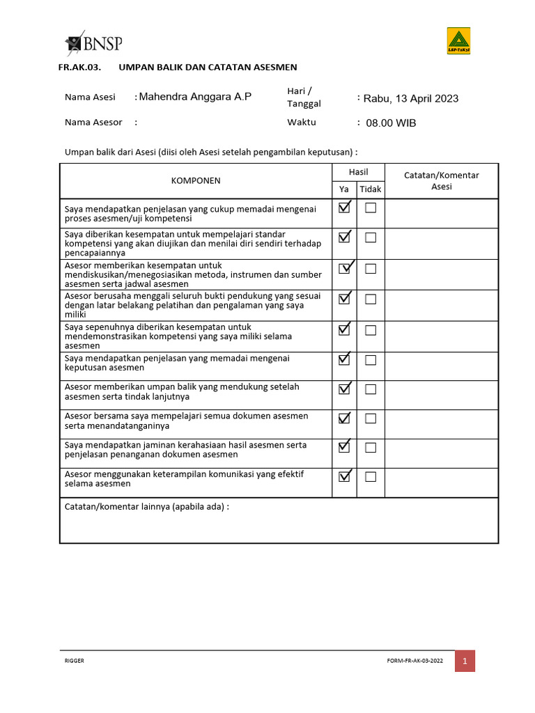 FR - Ak.03. Umpan Balik Dan Catatan Asesmen Rigger-2022 | PDF