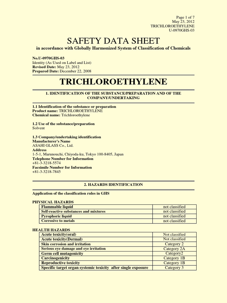MSDS Trichloroethylene TCE Asahi 3 | PDF | Toxicity | Magnesium