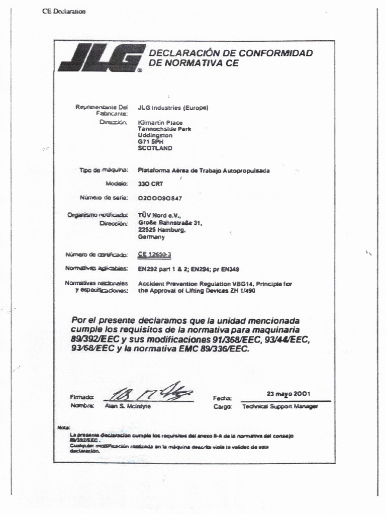 Marcado Ce JLG 330 CRT - 000017 | PDF