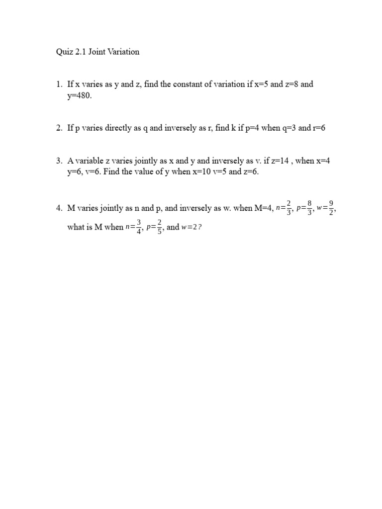 Combined Variation - Quiz | PDF