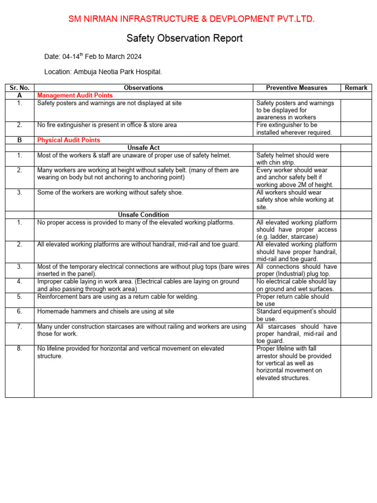Safety Observation Report for Ambuja Neotia | PDF | Stairs ...