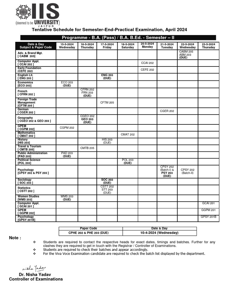Tentative Schedule for Semester End Practical Examination, April 2024 | PDF | Liberal Arts ...