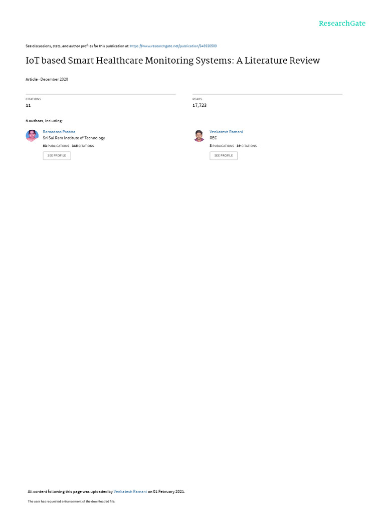 Iot Based Smart Healthcare Monitoring Systems A Literature Review Pdf Internet Of Things