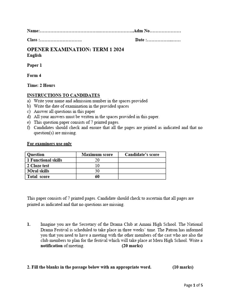 English F4 Exam Term 1 Qs - Teacher - Co - .Ke | PDF