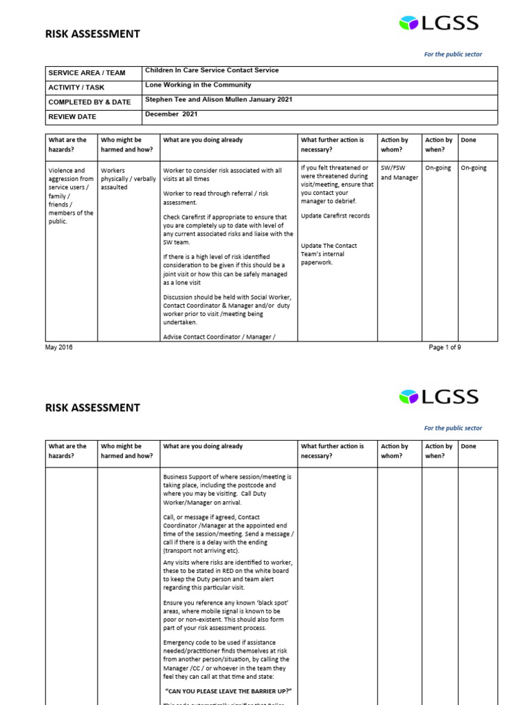 Childrens Trust Service Level and Lone Working Risk Assessments ...