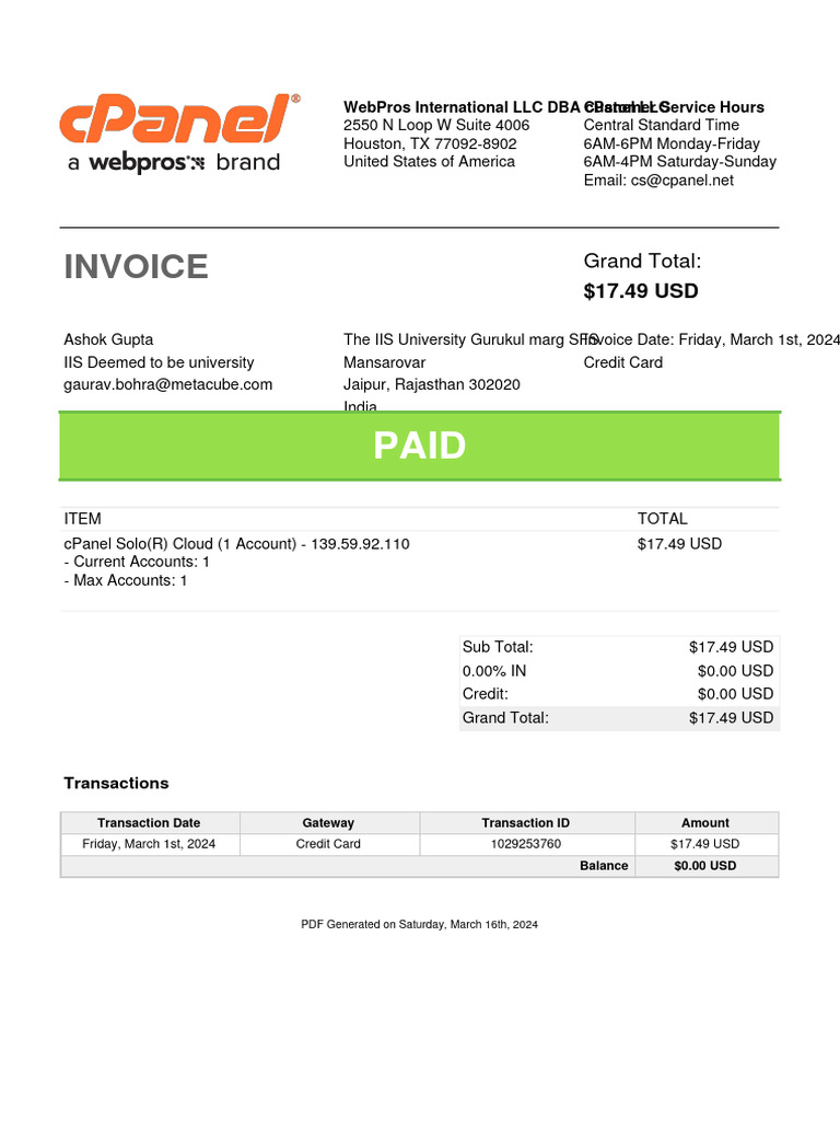 Invoice Cpanel March 2024 | PDF