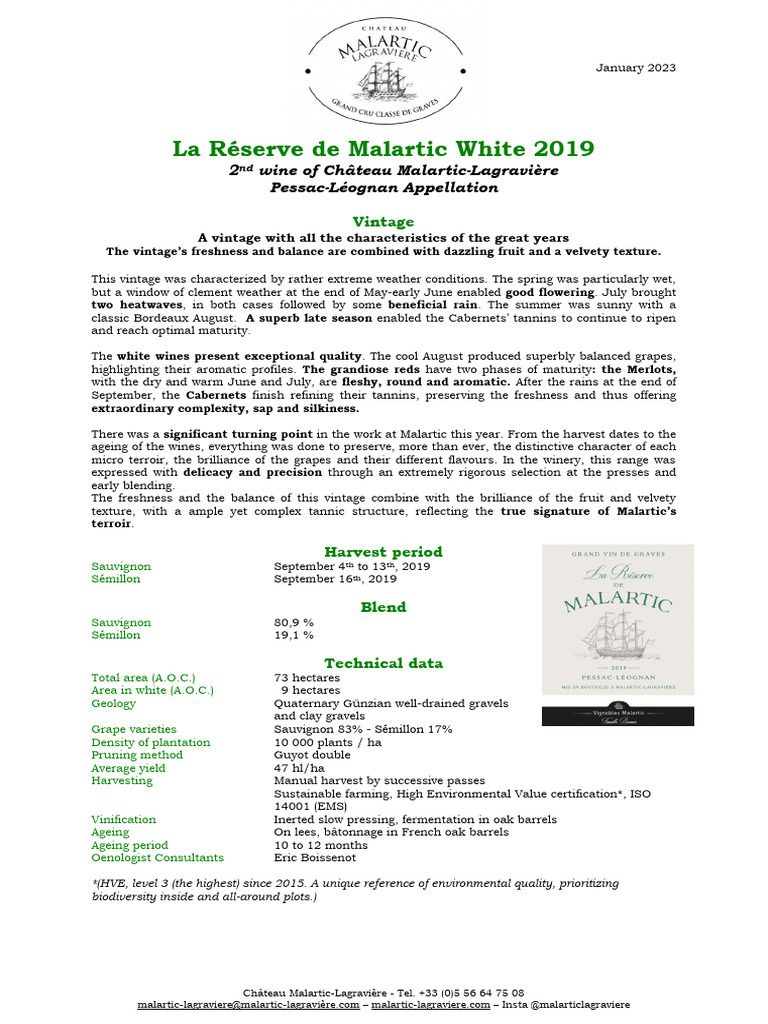 La Reserve de Malartic White 2019 | PDF | Viticulture | Alcoholic Drinks