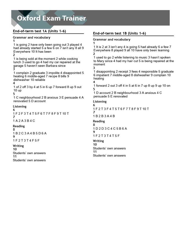 Oet B1 Eot - Eoy Tests Answer Key | PDF