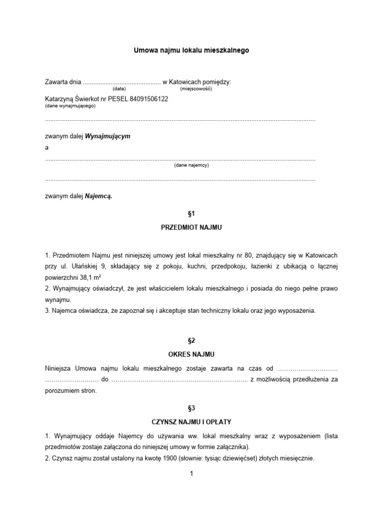 Umowa Zwykłego Najmu Lokalu Mieszkalnego | PDF Umowa Zwykłego Najmu Lokalu Mieszkalnego | PDF