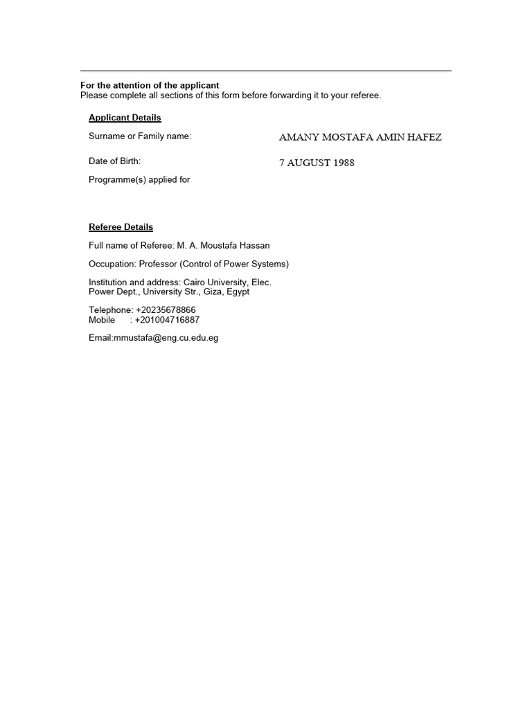 Reference for Amany Mostafa's Application | PDF