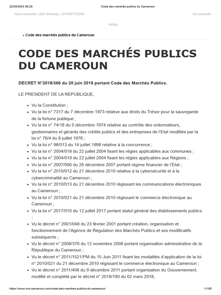 Code Des Marchés Publics Du Cameroun | PDF