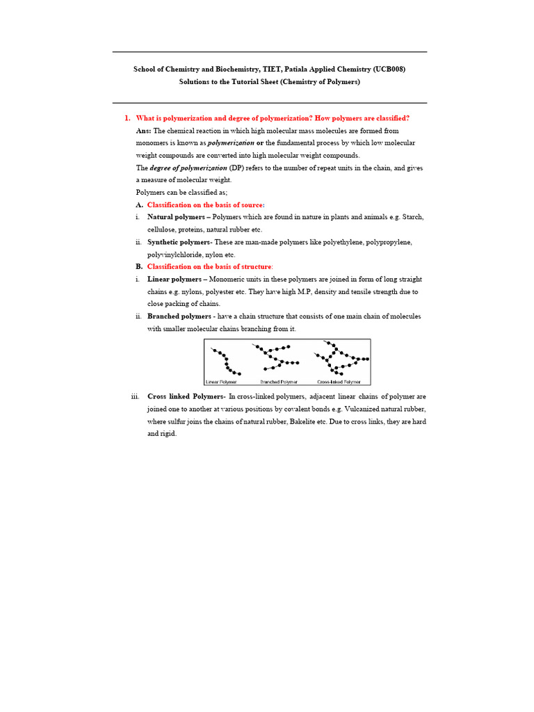 7.5 Solution To Tutorial Sheet - Polymers | PDF