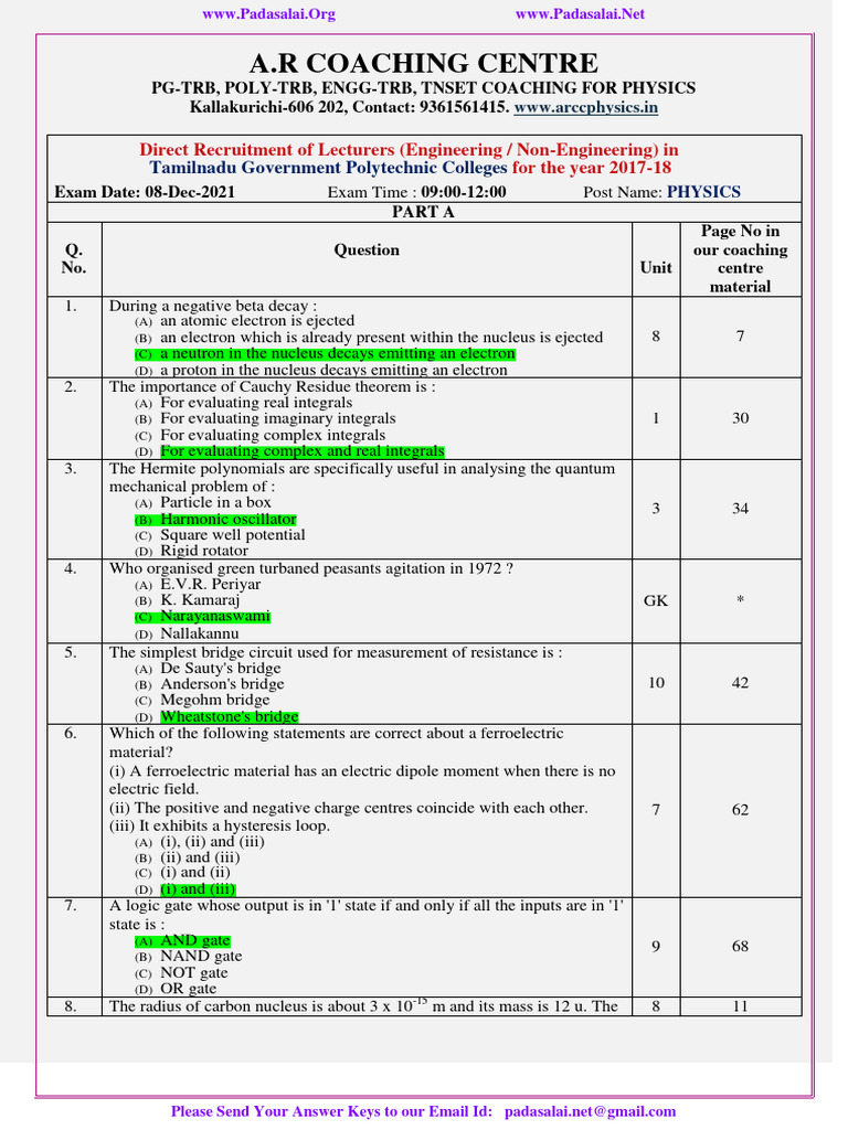 Polytechnic TRB Exam 2021 - Physics Answer Keys - English Medium PDF ...