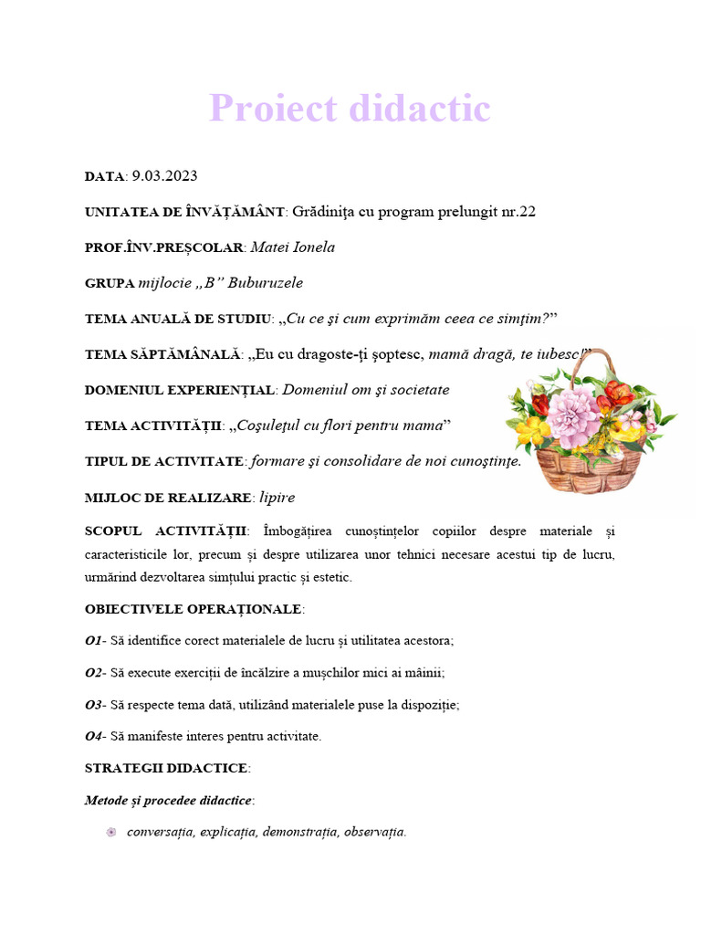 Proiect Didactic Monodisciplinar Ade Dos Cosuletul Cu Flori Pentru Mama ...