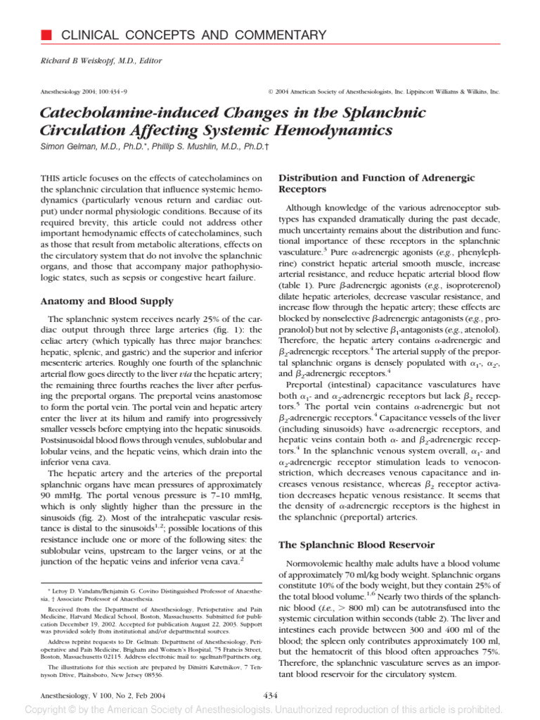 Cathecholamine Changes in Splanchnic Circulation | PDF | Vein | Liver