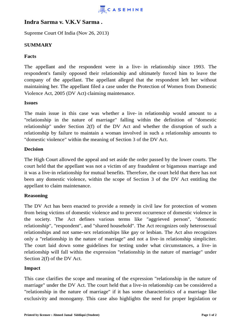 CASEMINE - Indra Sarma v. V.K.V Sarma | PDF | Marriage | Domestic Violence