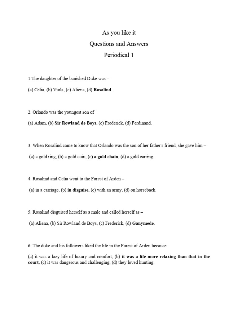 As You Like It: MCQ Questions & Answers | PDF | Classics