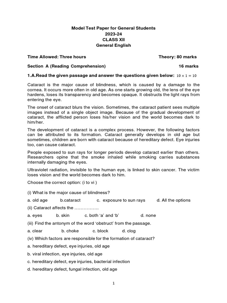 12th General English Model Test Paper 2023-24 | Download Free PDF ...