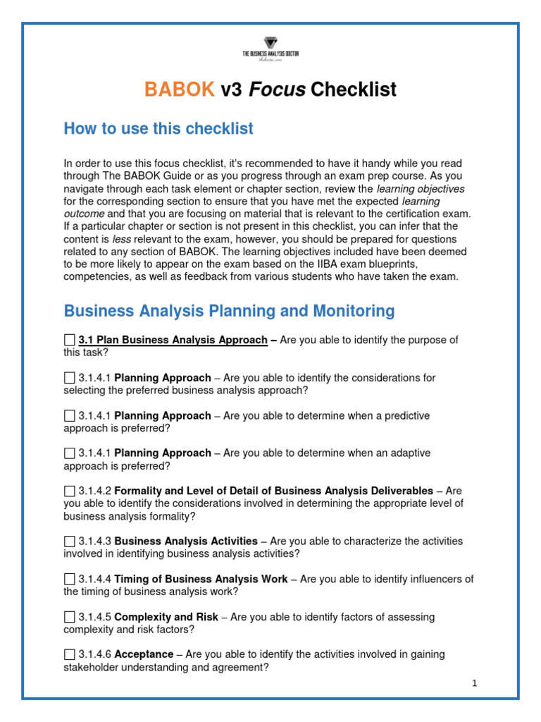 BABOK Focus Checklist | PDF | Business Analysis | Risk