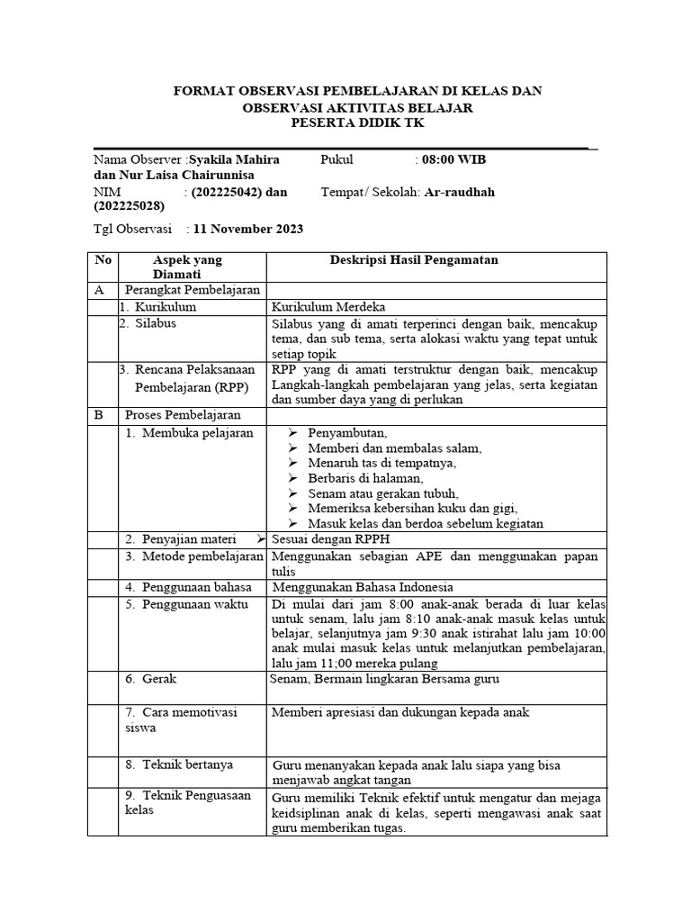 Observasi Pembelajaran TK di Ar-raudhah | PDF | Karier & Perkembangan ...