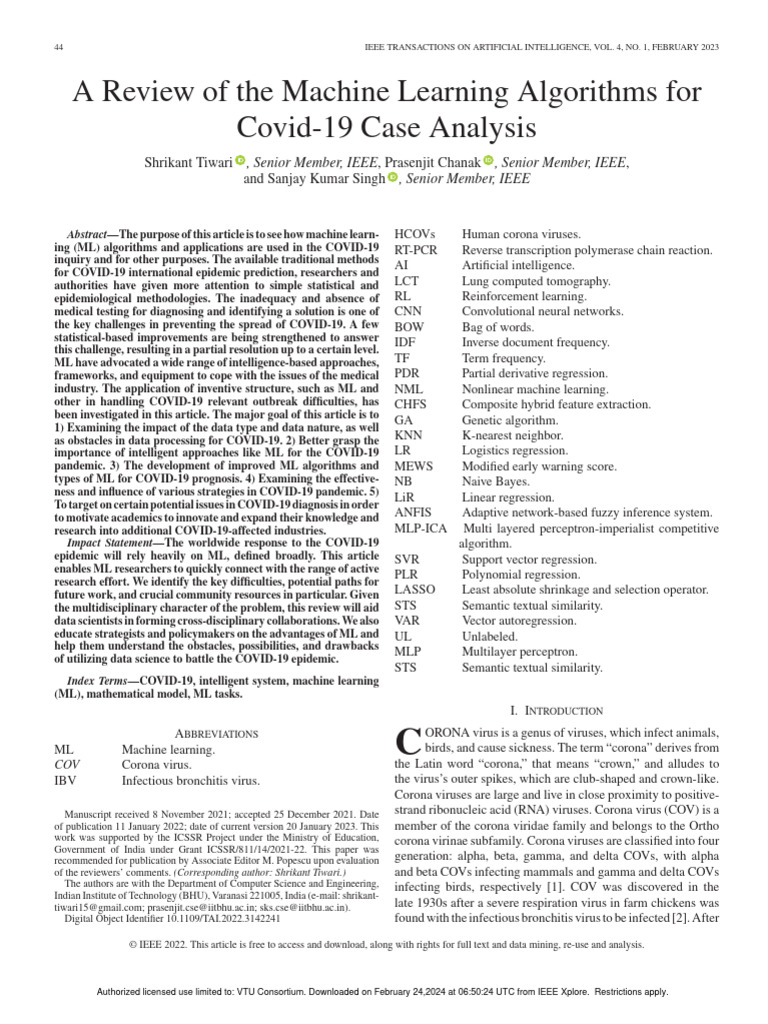 A Review of The Machine Learning Algorithms For Covid-19 Case Analysis ...