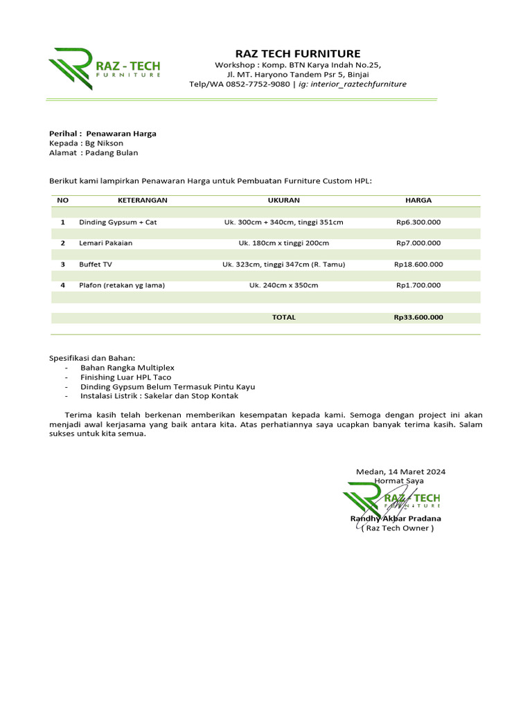 Penawaran Harga - BG Nikson - Padang Bulan | PDF