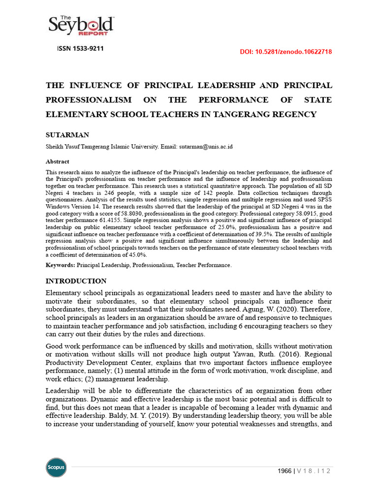 The Influence of Principal Leadership and Principal Professionalism On The Performance of State ...