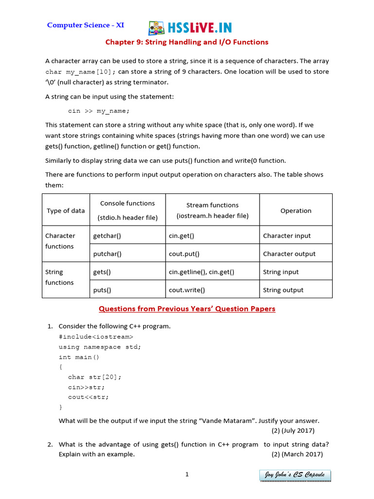 HSSLive-XI-CS1 - Chap9 - String Handling and IO Functions | Download Free PDF | String (Computer ...