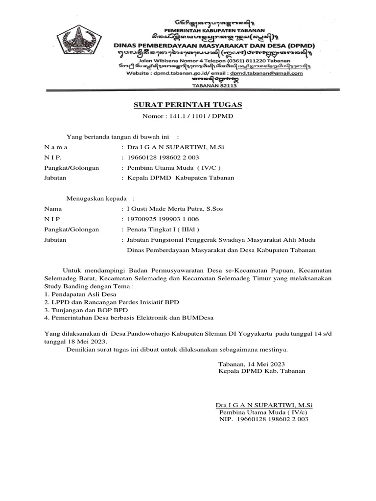 Surat Tugas Study Banding Desa Tabanan | PDF