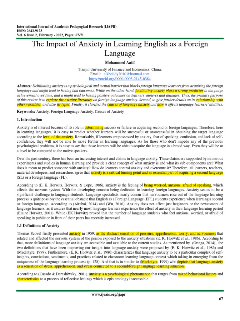 The Impact of Anxiety in Learning Englis | PDF | Second Language | Anxiety