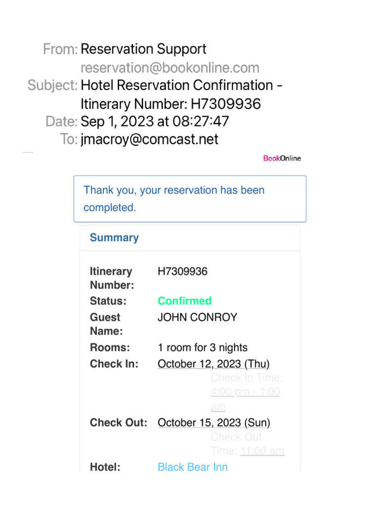 Hotel Reservation Confirmation - Itinerary Number H7309936 | PDF ...