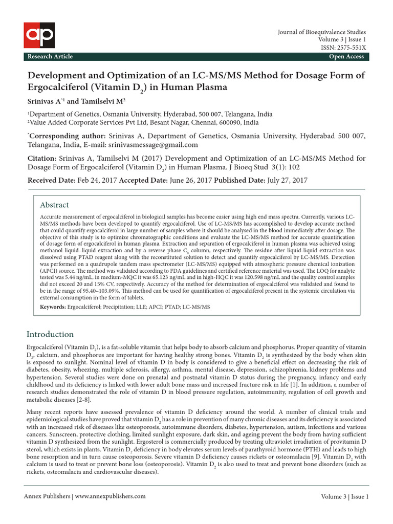 Development and Optimization of An LC-MS/MS Method For Dosage Form of Ergocalciferol (Vitamin D2 ...