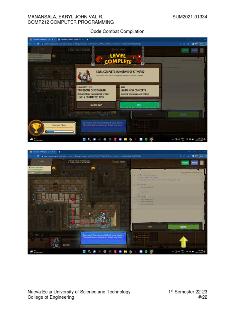 Neust Comp212 Ce2f Codecombat Manansala Earyljohn Sum202201334 | PDF