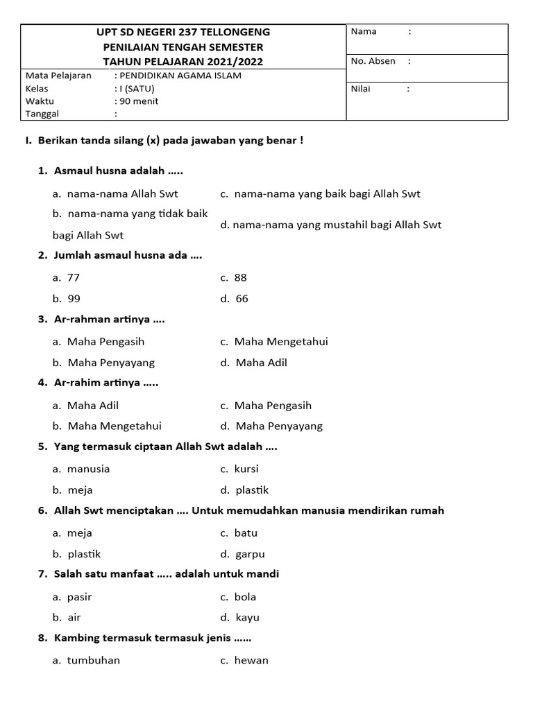 Soal PTS Pai Semester 2 Kelas 1-6 | PDF