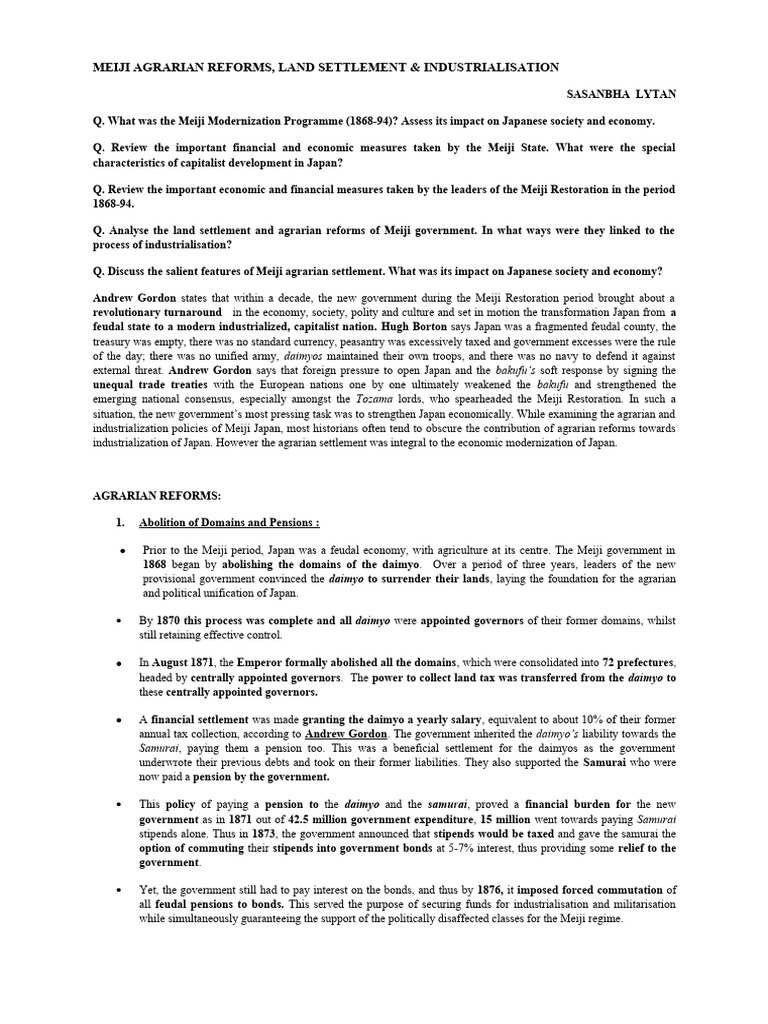 Meiji Agrarian Reforms and Industrialization | PDF | Taxes | Japan