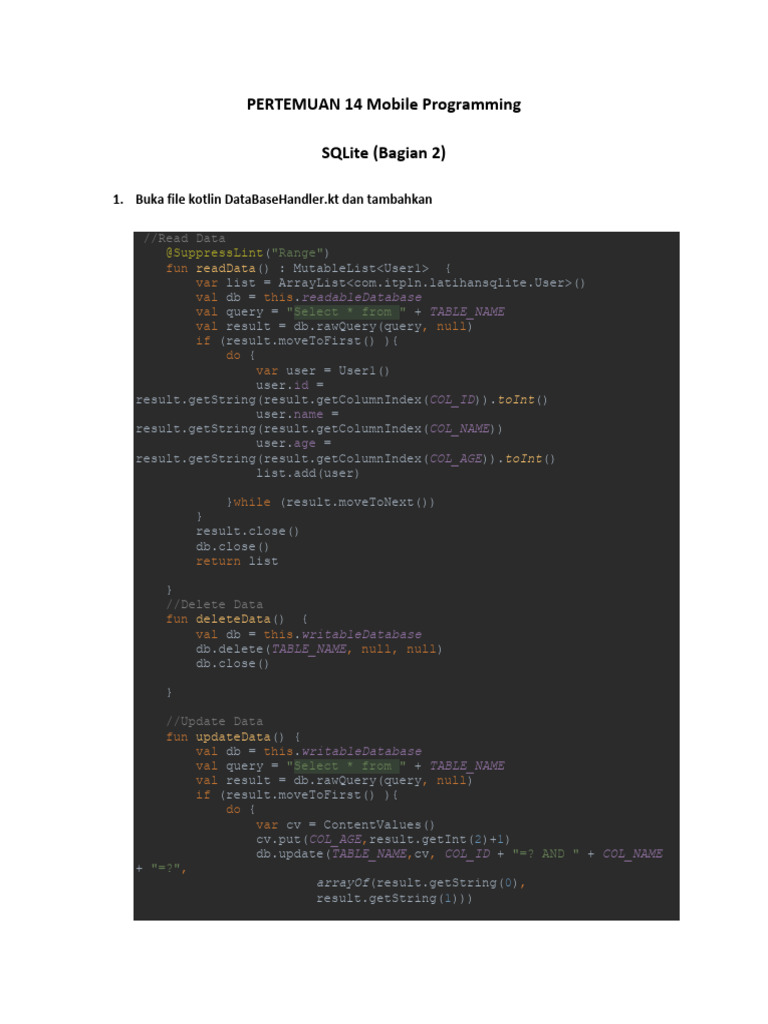 Pertemuan 14 - Mobile Programming (SQLite - Bagian2) - Yozika | PDF | Information Technology ...