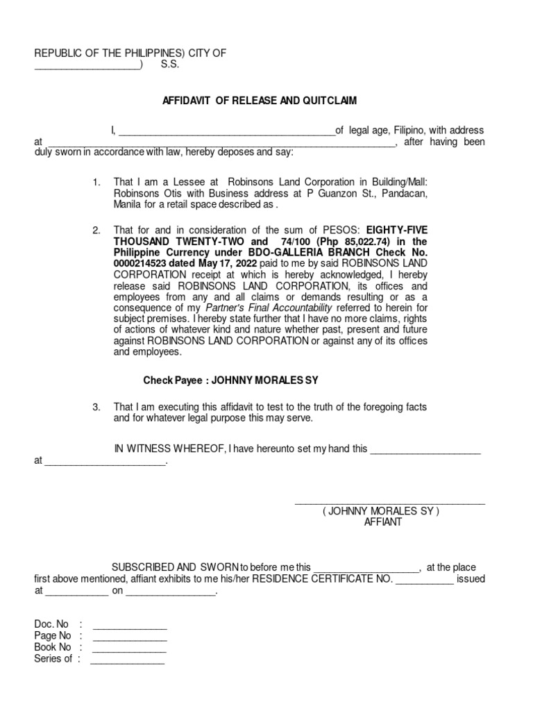 Lessee's Release from Claims | PDF | Affidavit