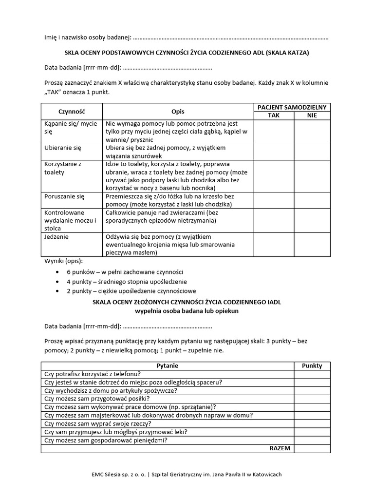 0633 Skala Oceny Podstawowych Czynnosci Zycia Codziennego Adl Skala Katza Original | PDF