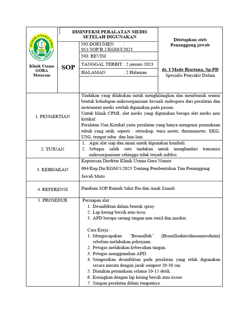 Prosedur Disinfeksi Alat Medis Klinik | PDF