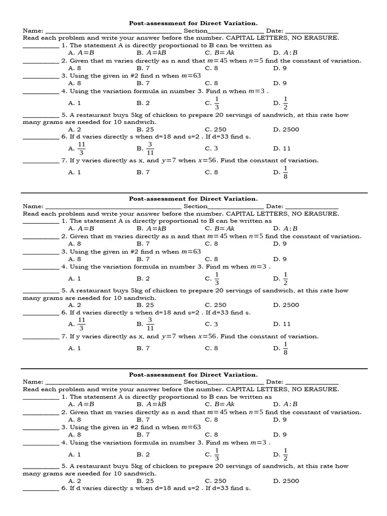 Quiz Assessment Direct Variation | PDF