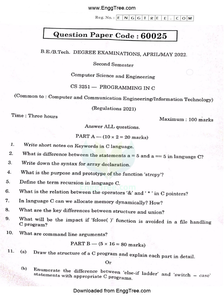 CS3251 Programming in C Apr May 2022 Question Paper Download | PDF | Computers