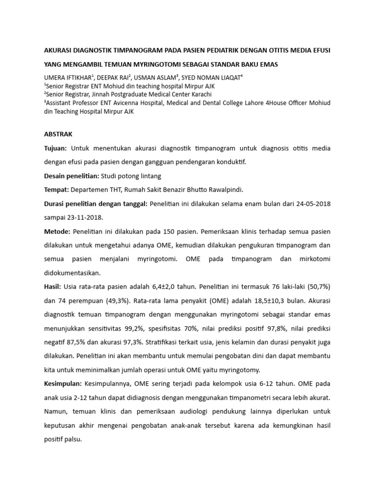 Akurasi Diagnostik Timpanogram Pada Pasien Pediatrik Dengan Otitis ...