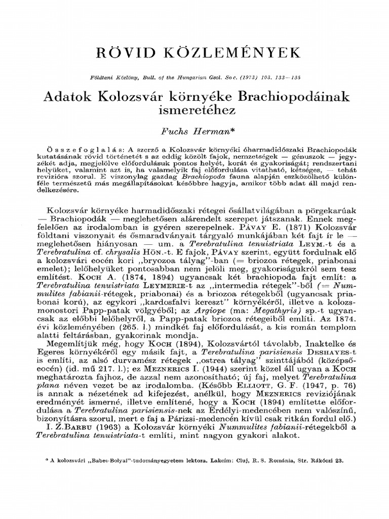 Fuchs Herman - Adatok Kolozsvár Környéke Brachiopodáinak Ismeretéhez ...