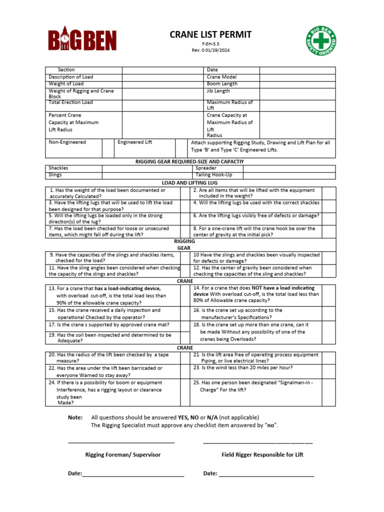 F-EH-5.5 Crane Lift Permit - Rev 0 | PDF | Crane (Machine ...