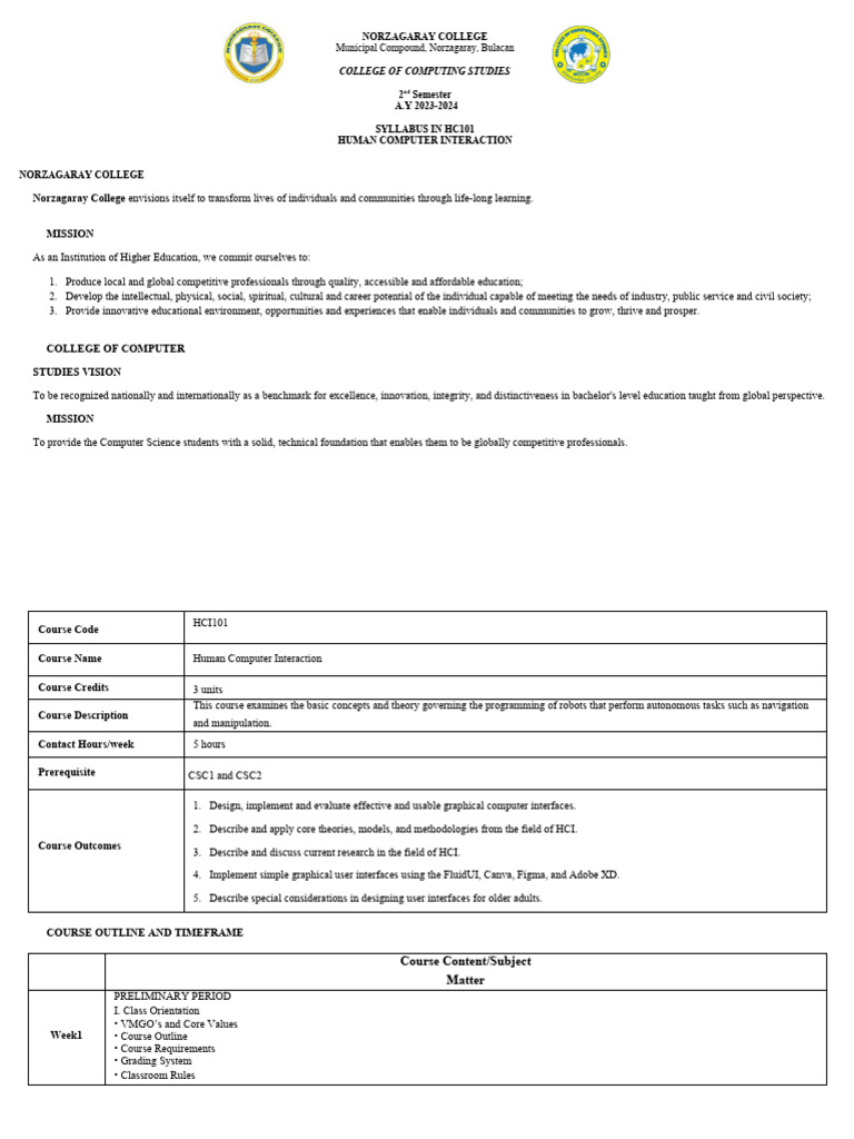 HUMAN COMPUTER INTERACTION SYLLABUS - 2023-2024 - Ronaven Ashley P. Cruz | PDF